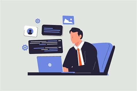 만화 잘 생긴 캐릭터 캐주얼 남자는 책상에 앉아 노트북을 작업하고 있다 웹 사이트의 프로젝트 팀 엔지니어 개발자 Java