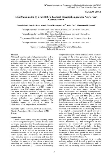 Pdf Robot Manipulation By A New Hybrid Feedback Linearization Adaptive Neuro Fuzzy Control Method