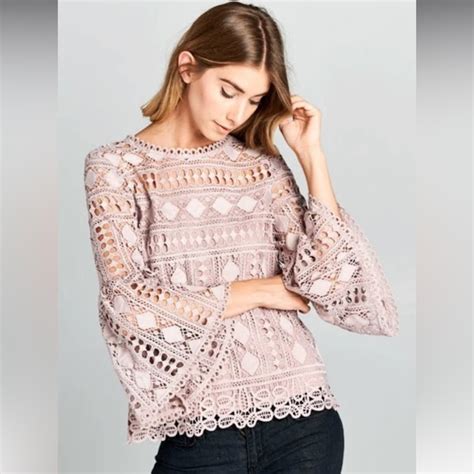 Ellison Tops Ellison Blush Boho Lace Crochet Top Bell Sleeve Top Sz