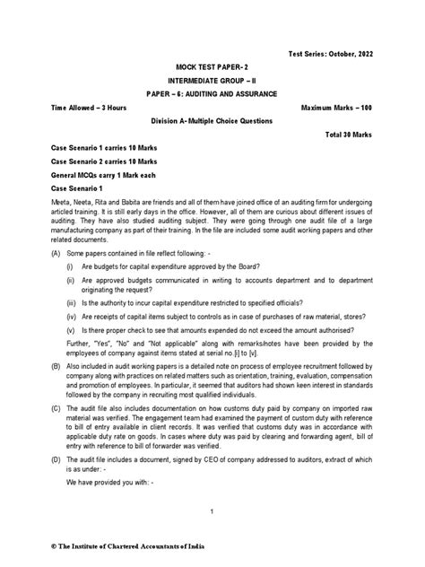 Auditing And Assurance Mock Test Paper Questions Oct 2022 Ca Inter New Pdf Audit