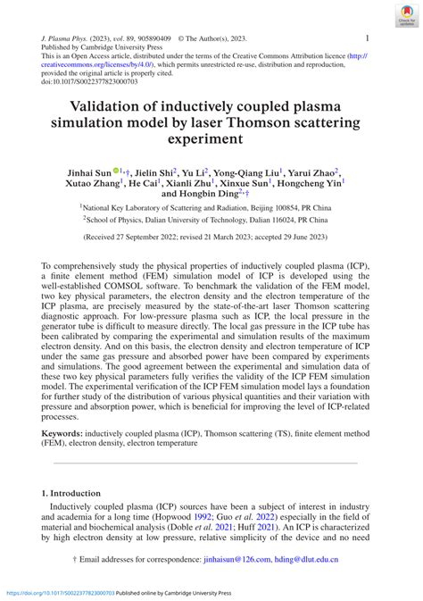 Pdf Validation Of Inductively Coupled Plasma Simulation Model By
