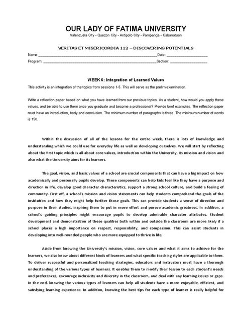 Week 6 Prelim Integration Of Learned Values Pdf