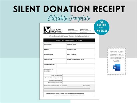 Silent Auction Donation Receipt Form Printable For Charity Fundraising