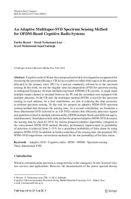 Pdf An Adaptive Multitaper Svd Spectrum Sensing Method For Ofdm Based Cognitive Radio Systems