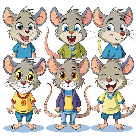 Six Cartoon Mice Characters Displaying Various Emotions And Poses