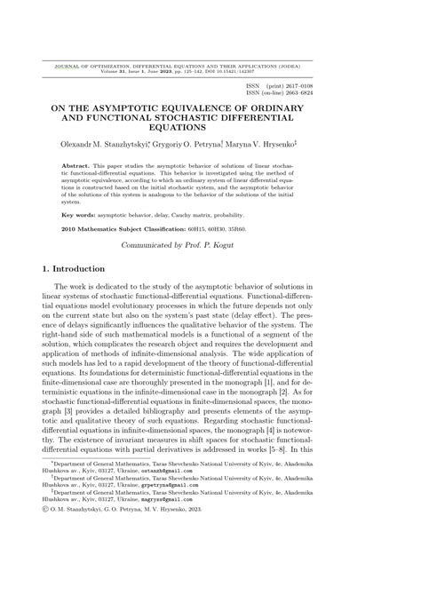 Pdf On The Asymptotic Equivalence Of Ordinary And Functional Stochastic Differential Equations