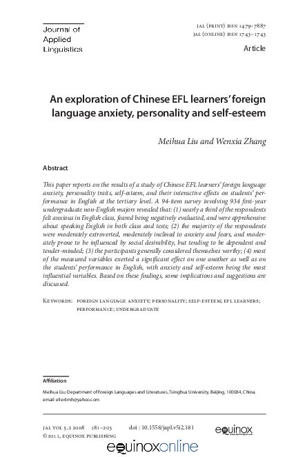 Pdf An Exploration Of Chinese Efl Learners Foreign Language Anxiety Personality And Self Esteem