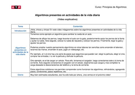 Semana 01 Guion Algoritmos Presentes En Actividades De La Vida Diaria Curso Principios De