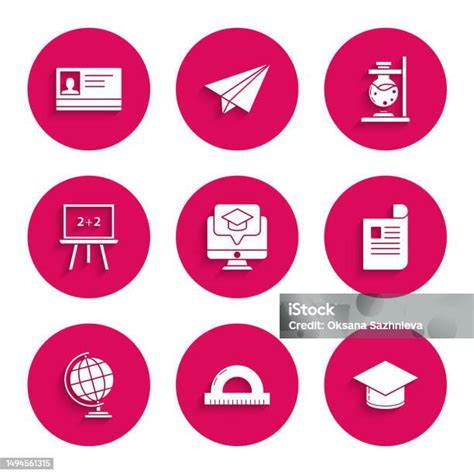 눈금 캡 각도 측정을 위한 각도기 그리드 눈금 문서 지구 지구본 칠판 유리 시험관 플라스크 화재 및 식별 배지 아이콘이 있는 모니터를 설정합니다 벡터 서 있기에 대한 스톡