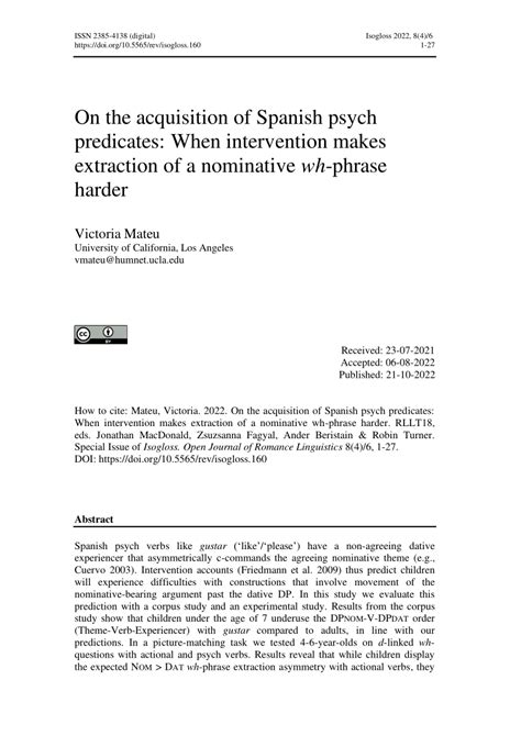Pdf On The Acquisition Of Spanish Psych Predicates When Intervention