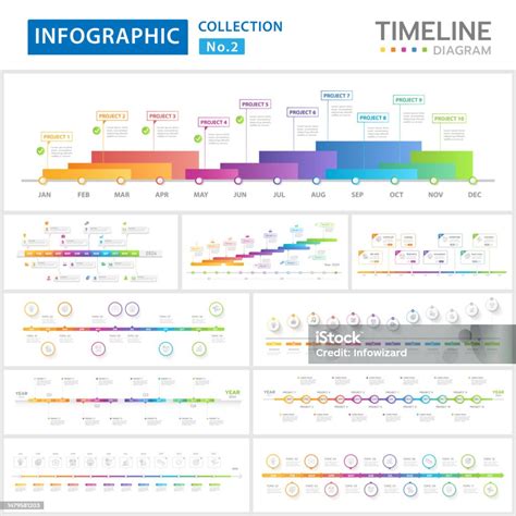 인포 그래픽 벡터 현대 타임 라인 다이어그램 로드맵 월별 달력 벡터 인포 그래픽 컬렉션으로 설정합니다 갠트 차트에 대한 스톡