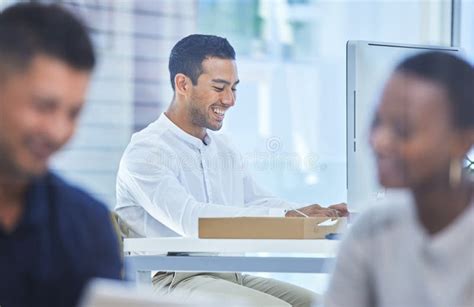 Happy Business And Man With Computer In Office Typing And Keyboard