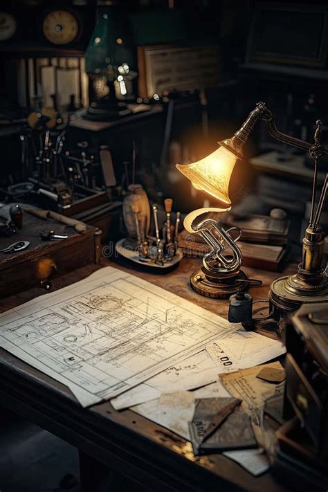 A Vintage Inventor S Workshop Featuring A Warm Desk Lamp Illuminating Blueprints Antique Tools