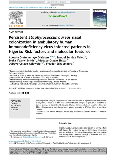 Pdf Persistent Staphylococcus Aureus Nasal Colonization In Ambulatory