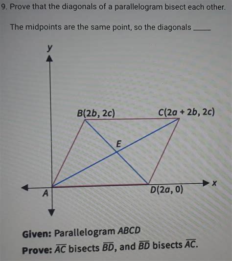 Solved 9 Prove That The Diagonals Of A Parallelogram Bisect Each Other The Midpoints Are The