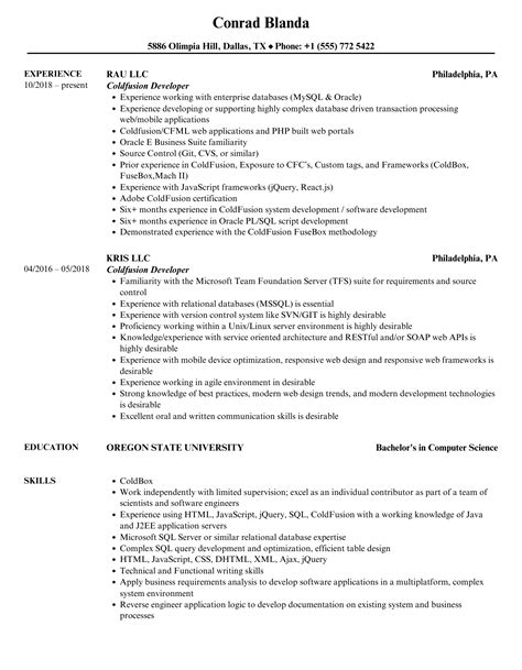 Coldfusion Developer Resume Samples Velvet Jobs