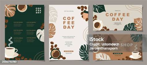 배너 표지 메뉴 또는 다른 템플릿 디자인을 위한 미니멀한 배경에 커피 원두와 나뭇잎이 있는 스케치 포스터 세트입니다 벡터 일러스트 레이 션입니다 10월에 대한 스톡 벡터