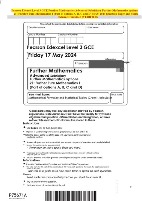 Pearson Edexcel Level GCE Further Mathematics Advanced Subsidiary Further Mathematics Options