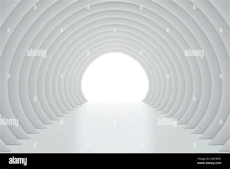 Futuristic White Tunnel With Curved Arches Creating A Clean
