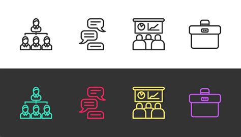 라인 계층 구조 조직도 차트 말풍선 채팅 교육 프레젠테이션 및 서류 가방을 흑백으로 설정합니다 벡터 Brand Name