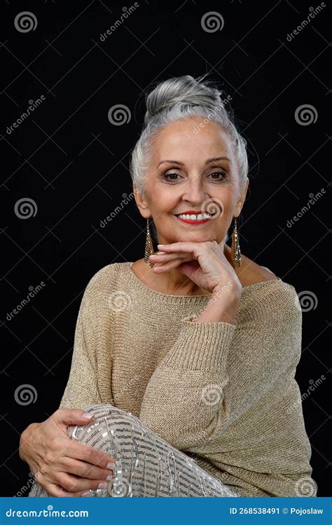 Portrait Of Happy Well Dressed Senior Woman Celebrating Concept Stock