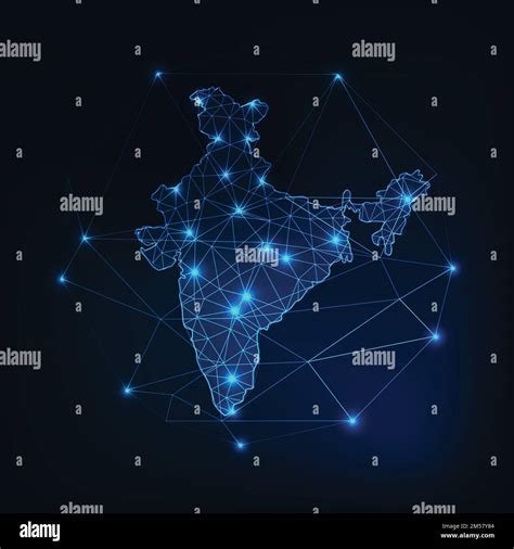 India Map Glowing Silhouette Outline Made Of Stars Lines Dots Triangles