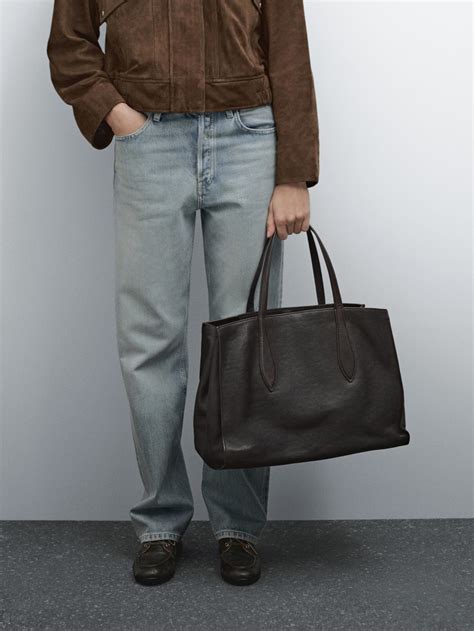 Nappa Leather Maxi Tote Bag · Brown · Accessories Massimo Dutti
