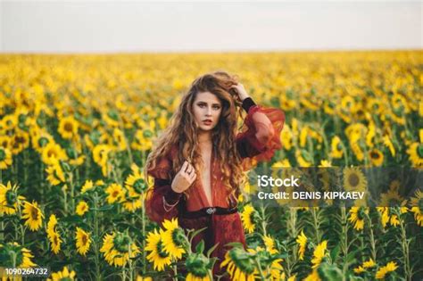 젊은 피 해바라기 중 드레스에서 아름 다운 여자 농업문화입니다 경관에 대한 스톡 사진 및 기타 이미지 경관 계절 꽃 나무 Istock