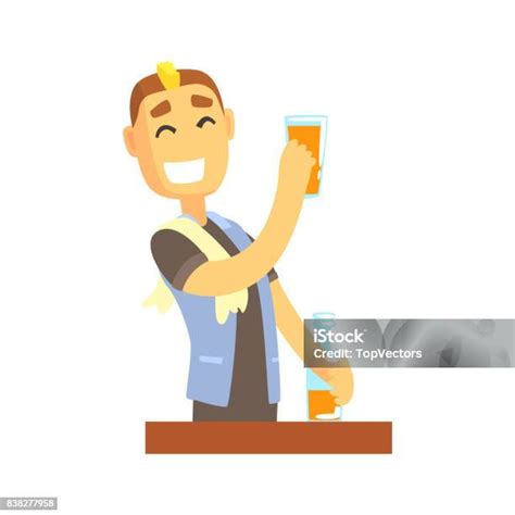 미소 바에서 바텐더 남자 캐릭터 서 카운터 바텐더 일 만화 벡터 일러스트 레이 션에 남자에 대한 스톡 벡터 아트 및 기타 이미지