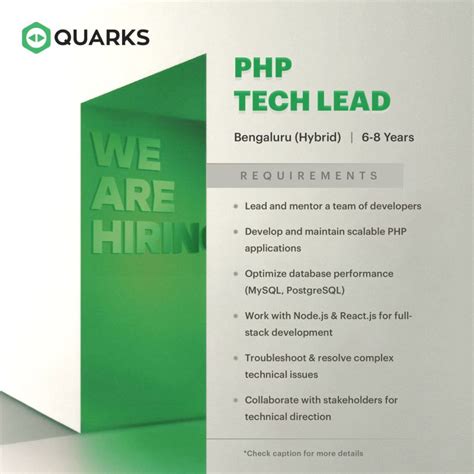 Hiring Phptechlead Leadership Webdevelopment Nodejs Reactjs Mysql Quarks