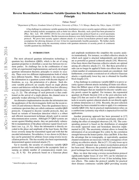 Pdf Reverse Reconciliation Continuous Variable Quantum Key
