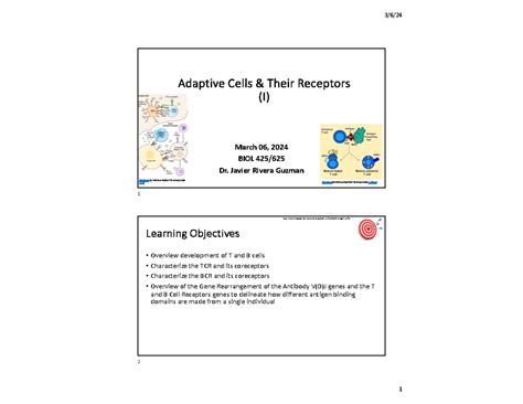 Lecture 09 2024 03 06 Notes Adaptive Cells And Their Receptors I March 06 2024 Biol 425