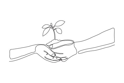 Continuous One Line Drawing Two Hands Holding Together A Green Young Plant Single One Line Hand