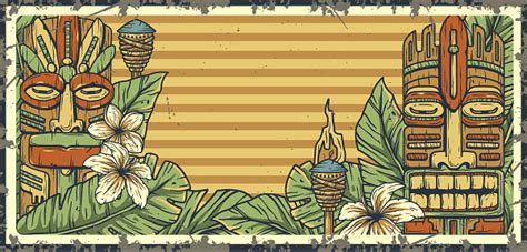 티키 마스크 열대 나뭇잎 서핑 요소가 특징인 빈티지 포스터로 향수를 불러일으키는 복고풍 서핑 미학으로 해변 문화의 정신을 포착합니다 텍스트 공간 티키에 대한 스톡 벡터 아트