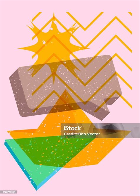 말풍선과 기하학적 모양이 있는 Risograph 종이 배송 트렌디한 리소 그래프 디자인의 기하학적 요소가 있는 종이접기 보트