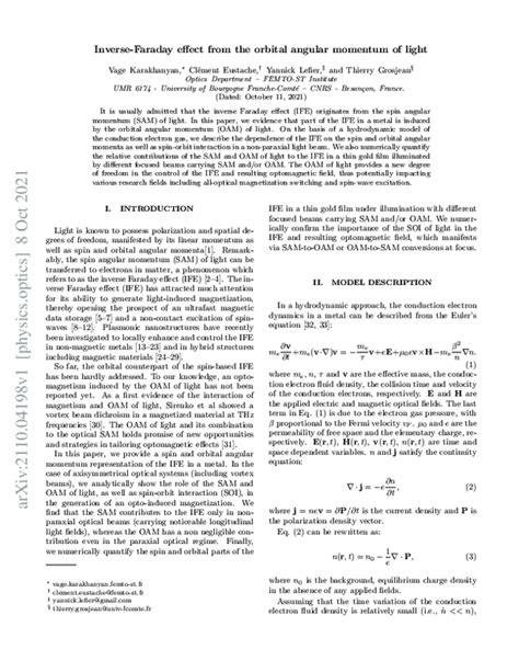 Pdf Inverse Faraday Effect From The Orbital Angular Momentum Of Light