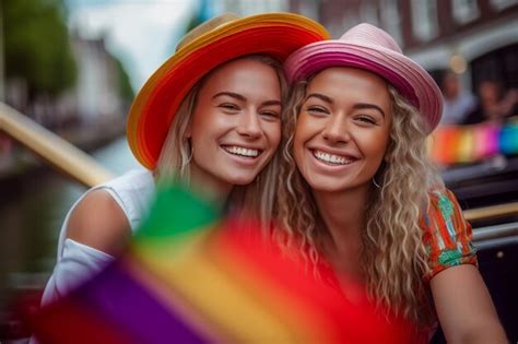 Premium Ai Image Happy Lesbian Couple In A Boat In Amsterdam With