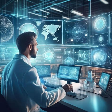 A Scientist Working In A Hightech Laboratory Surrounded By Multiple Screens Displaying Global