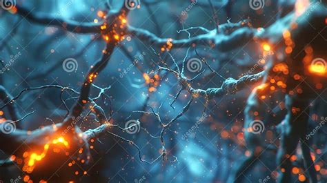 Neural Network Simulation With Orange Highlights Close Up Of Neural Cell Connections Stock