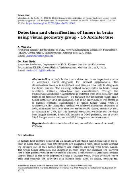 Pdf Detection And Classification Of Tumor In Brain Using Visual Geometry Group