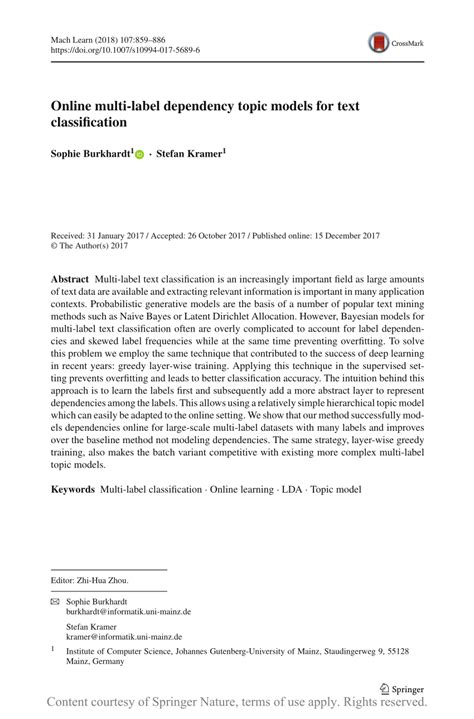 Online Multi Label Dependency Topic Models For Text Classification Request Pdf
