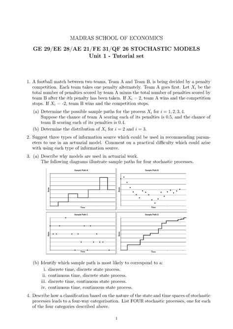 Stochastic Models Unit Tutorial Set MADRAS SCHOOL OF ECONOMICS GE EE AE FE QF