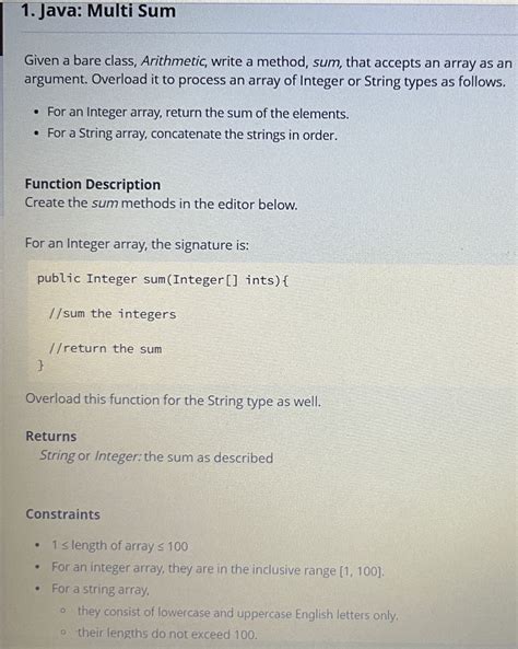 1 Java Multi Sum Given A Bare Class Arithmetic Write A Method Sum That