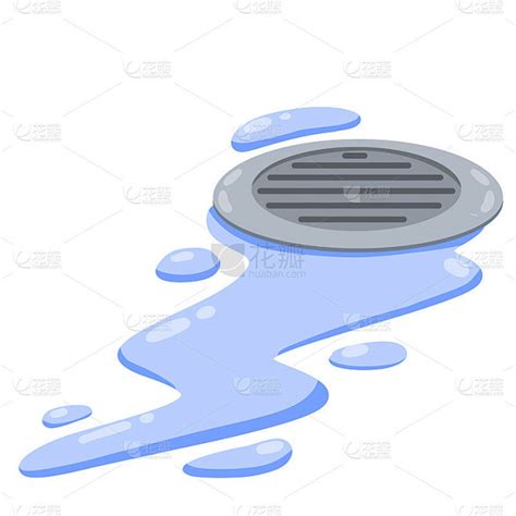 排水管道。供水系统元件。蓝色的水坑和水珠。浴缸和淋浴细节。平的卡通插图。底板沉降孔