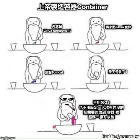 上帝製造容器Container 先放點 Linux component 再來點Java 套件 放點Tomcat 差不多夠了 不用裝OS 也不用設定一大堆有的沒的 把需要的放到 容器 裡 服務