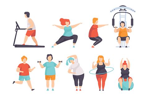 비만 사람들 착용 스포츠 유니폼 을 입고 피트니스 운동 세트 뚱뚱한 남자와 여자 스포츠를하고 체중 감량 프로그램 개념 벡터 일러스트 화이트 배경 과체중에 대한 스톡 벡터