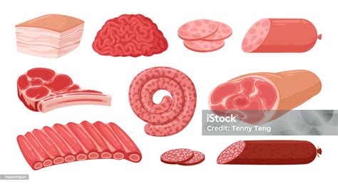 만화 생고기 돼지 갈비 쇠고기 스테이크 및 훈제 베이컨 고기 음식 갈은 쇠고기 및 소시지 흰색 배경에 평면 벡터 그림 갈비 음식에 대한 스톡 벡터 아트 및 기타 이미지