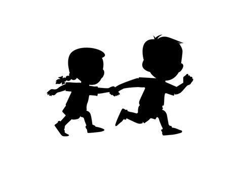 Dos Linda Dibujos Animados Niños Silueta Corriendo Juntos Participación