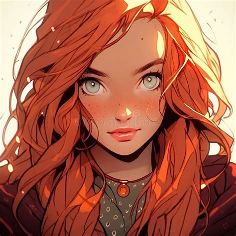 Illustration Of Girl With Red Hair And Green Eyes Fantasy Character Portrait Stock Illustration