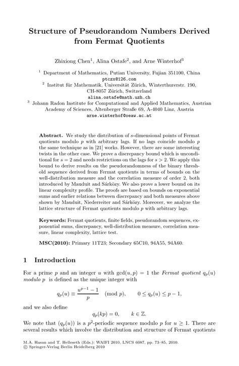 Pdf Structure Of Pseudorandom Numbers Derived From Fermat Quotients